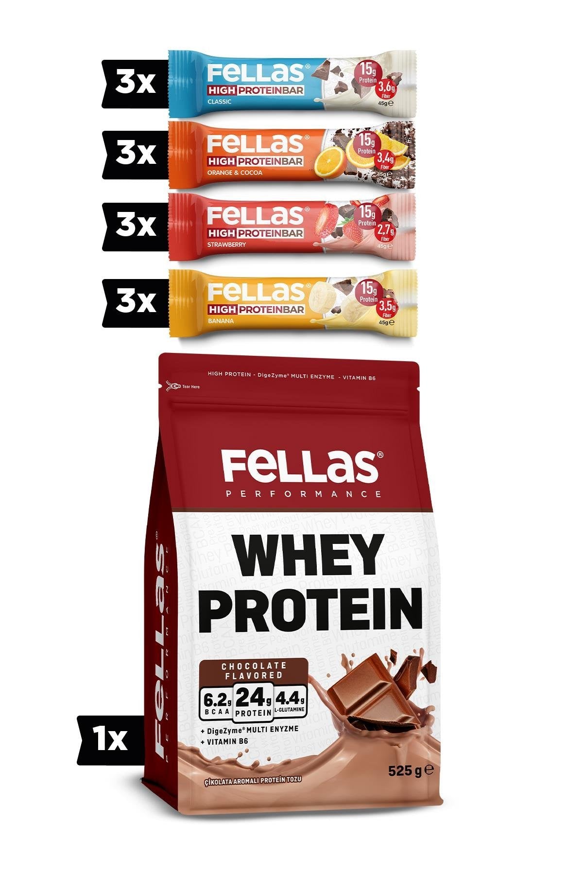 Fellas Yüksek Protein Bar 4 Çeşit 12'li Karma Kutu ve Çikolatalı Whey ...